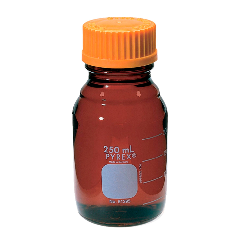 BOTELLA DE VIDRIO GRADUADA EN COLOR AMBAR CON TAPA ANARANJADA x 250 ml ...